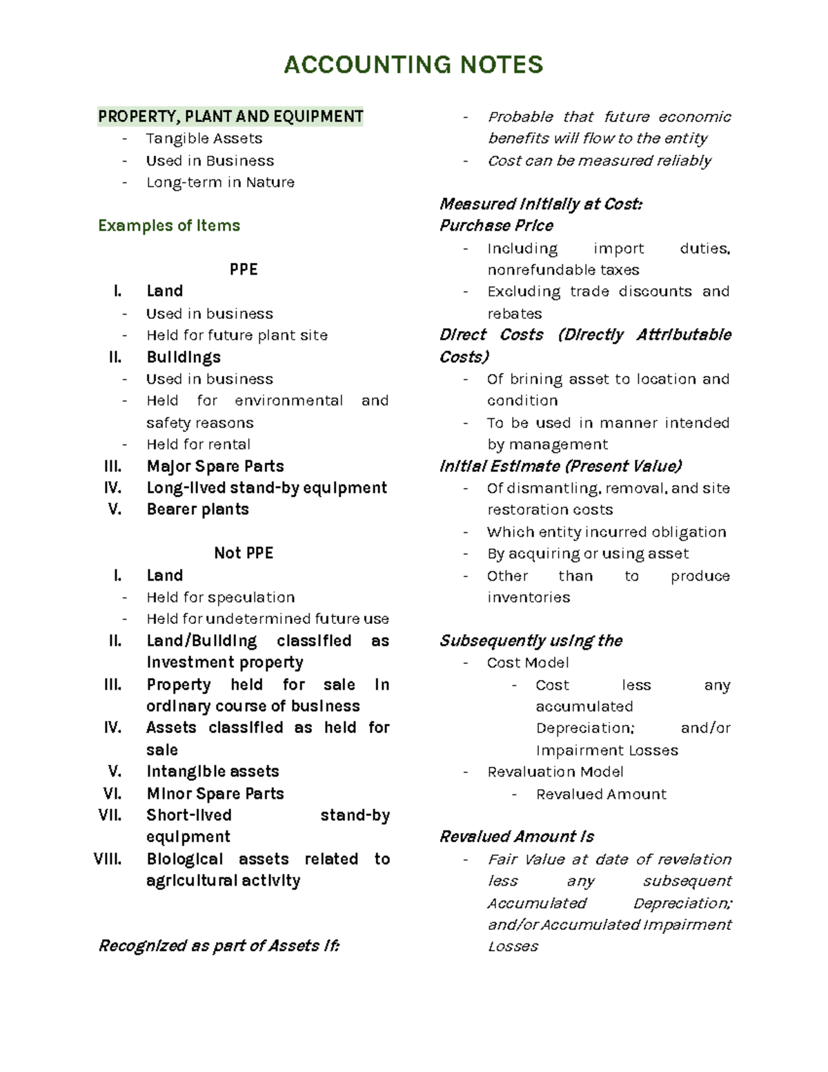 ACCT 115 Notes - ACCOUNTING NOTES PROPERTY, PLANT AND EQUIPMENT ...