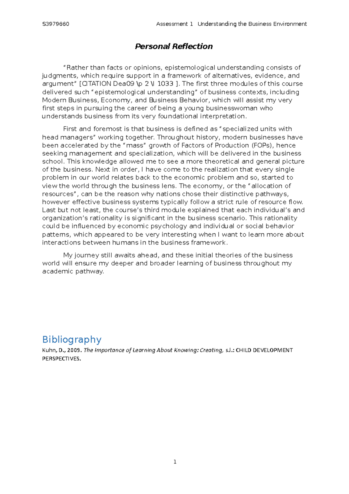 Assessment 1 - Personal Reflection - S3979660 Assessment 1 ...