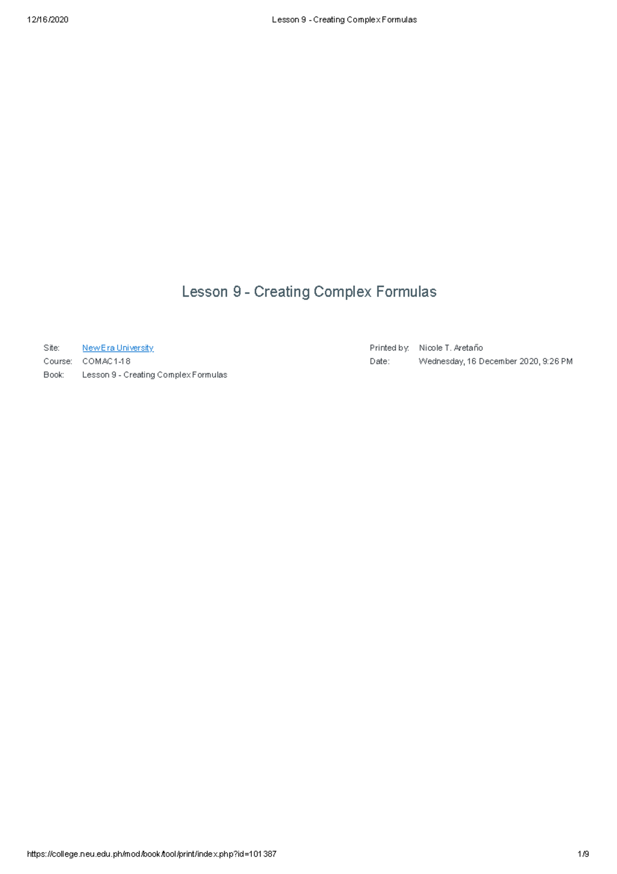 Lesson 9 - Creating Complex Formulas - Lesson 9 - Creating Complex Formulas Site: New Era ...