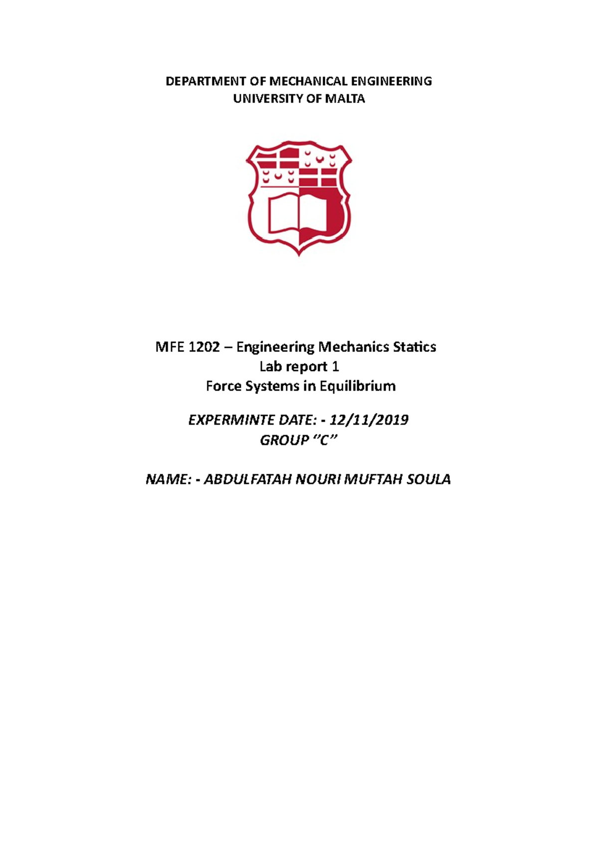 Static lab - lab - DEPARTMENT OF MECHANICAL ENGINEERING UNIVERSITY OF ...