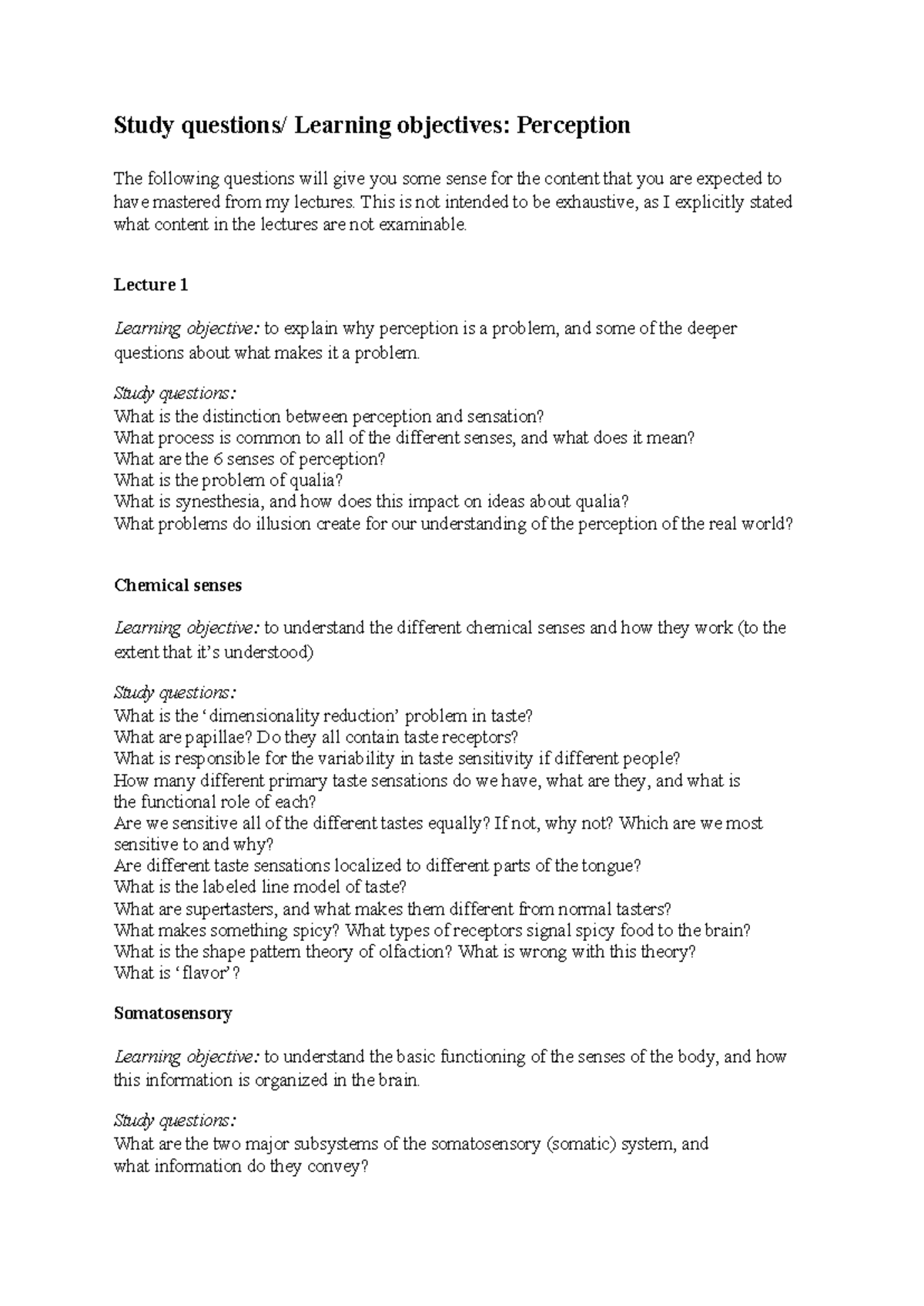 Study questions - perception - Study questions/ Learning objectives ...