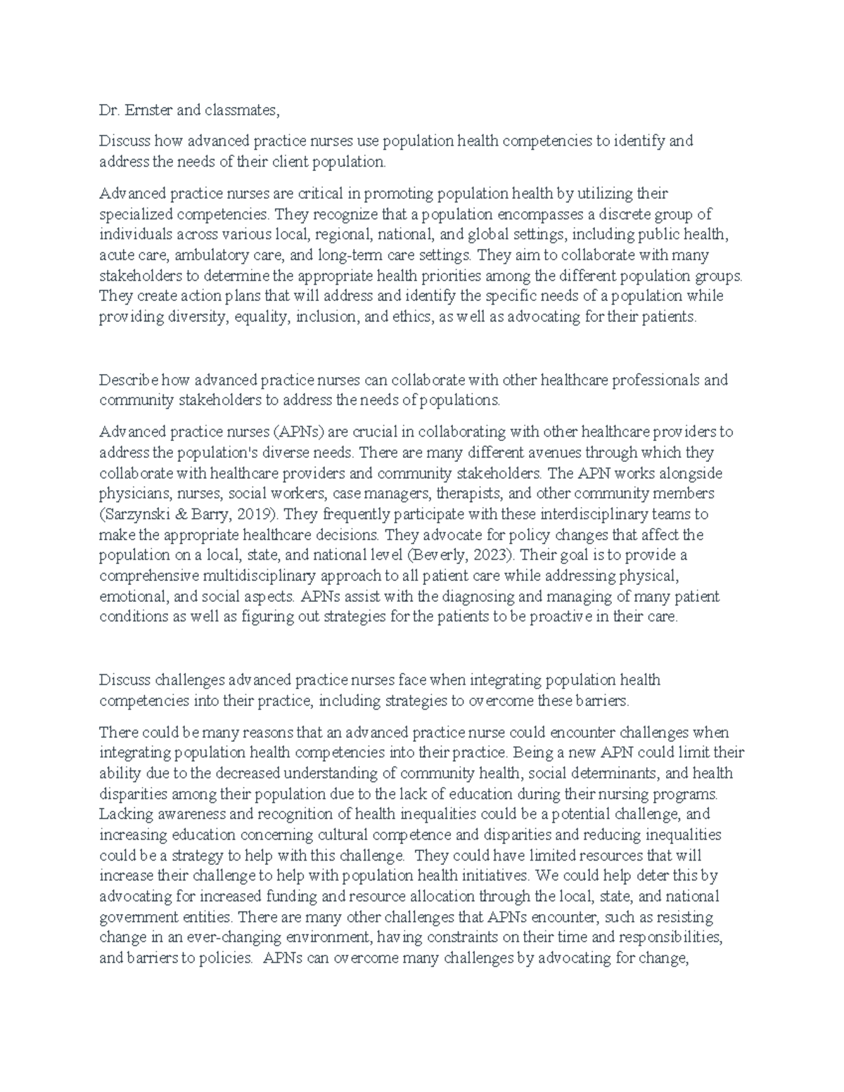 Week 1 Discussion Advanced Practice Nurses - Dr. Ernster and classmates ...