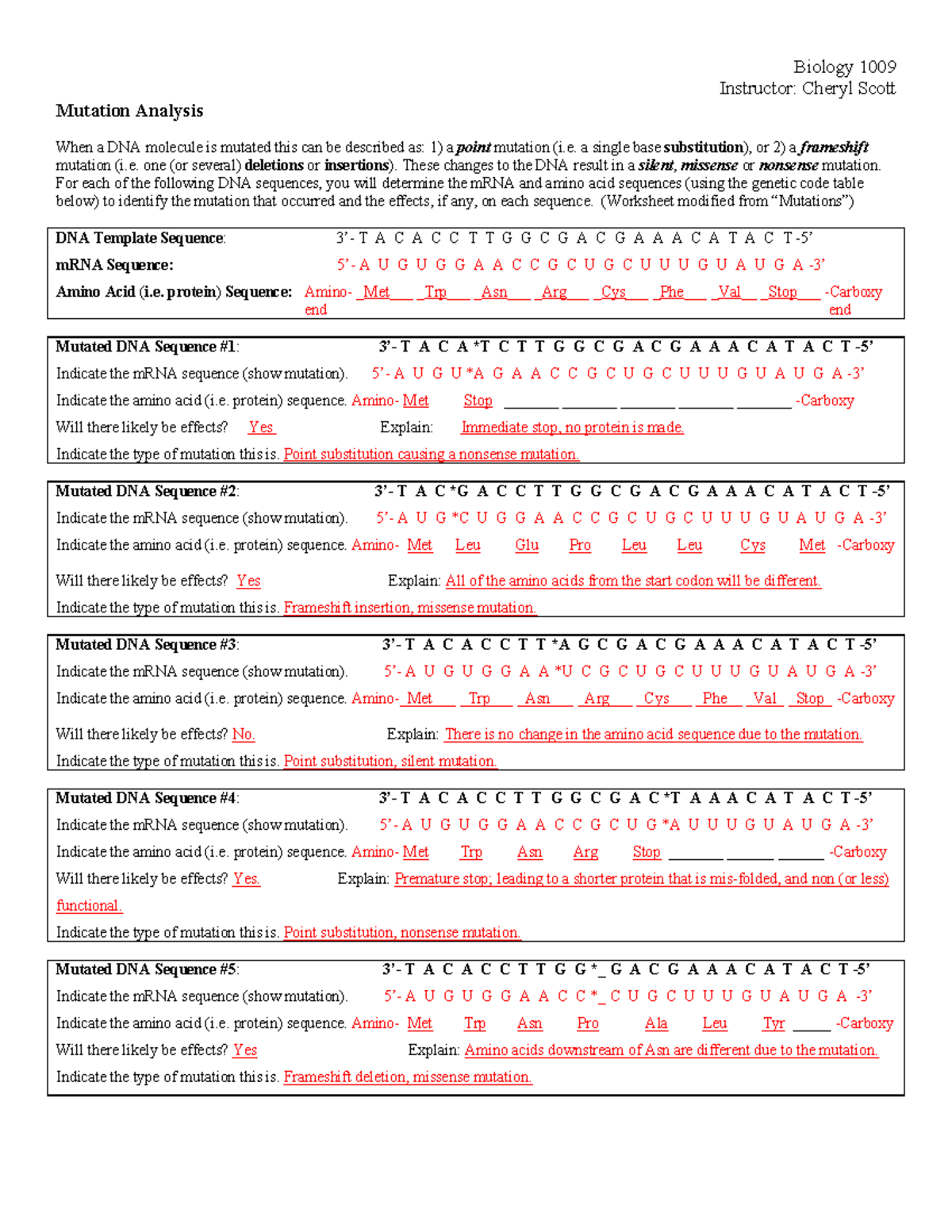 Mutation analysis KEY - Biology 1009 Instructor: Cheryl Scott Mutation ...