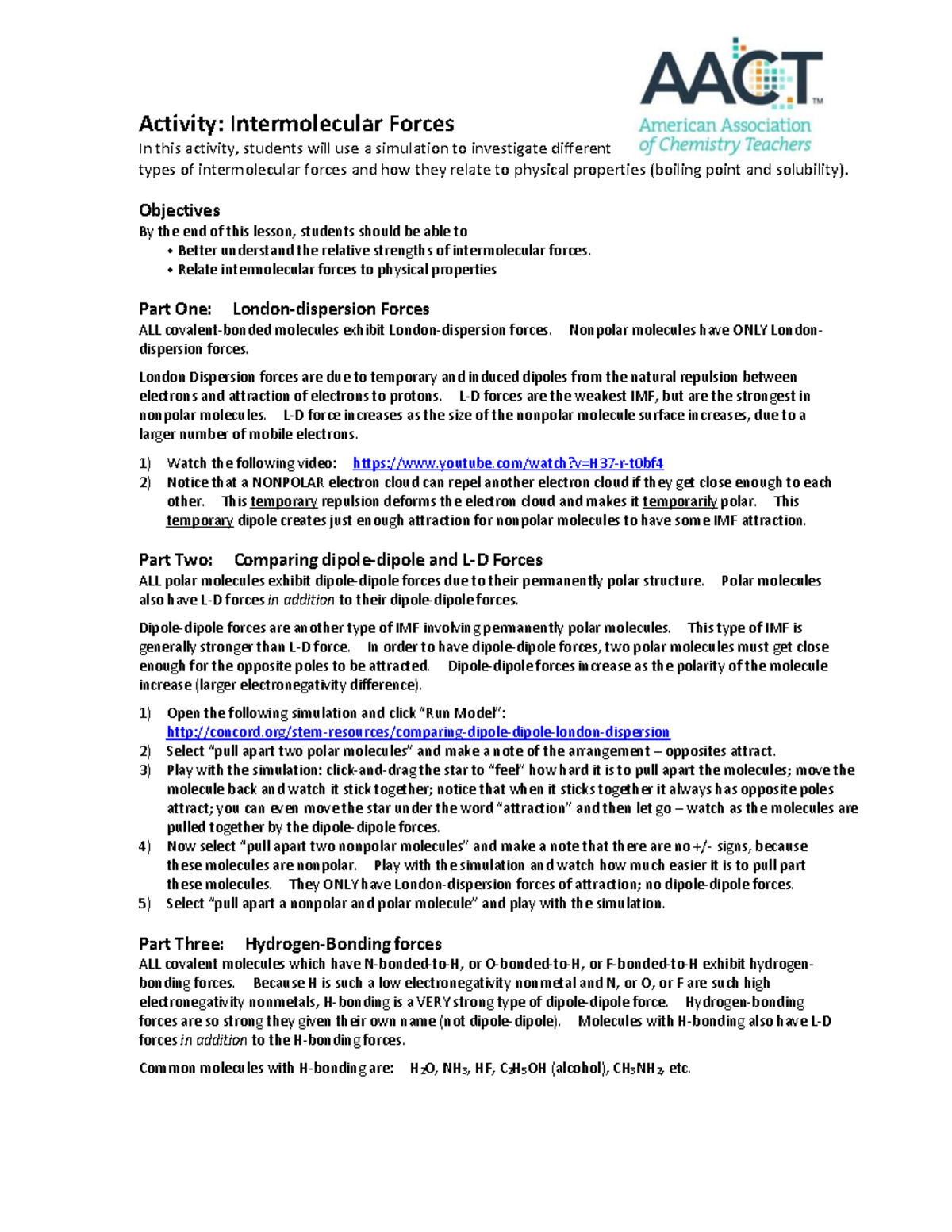 Imf online activity - Activity: Intermolecular Forces In this activity ...
