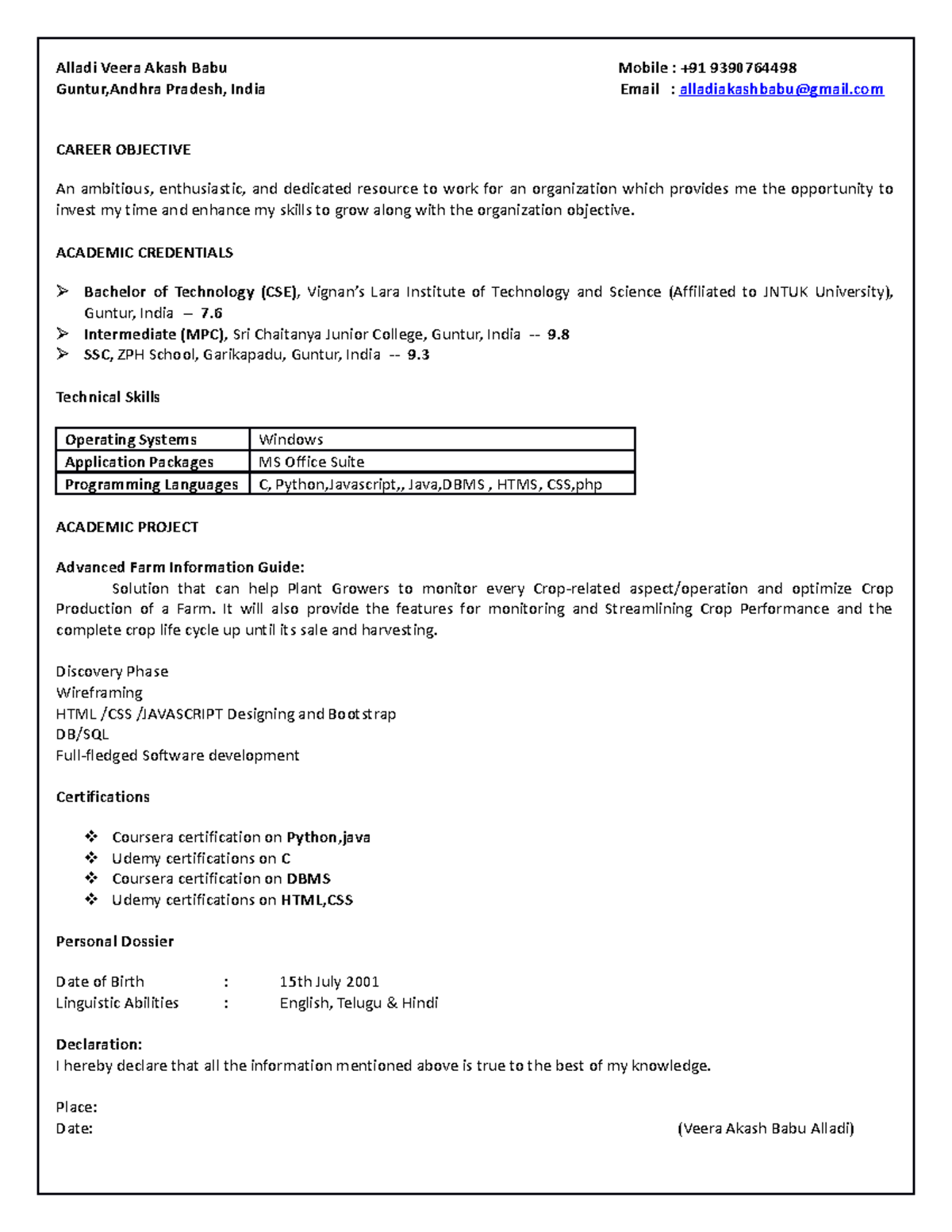 Akash resume latest - Alladi Veera Akash Babu Mobile : +91 9390764498 ...