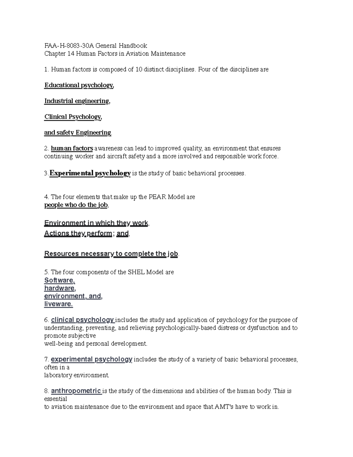 Week 1 Assignment 1 1 Avm202 Faa H 8083 30a General Handbook Chapter 14 Human Factors In 