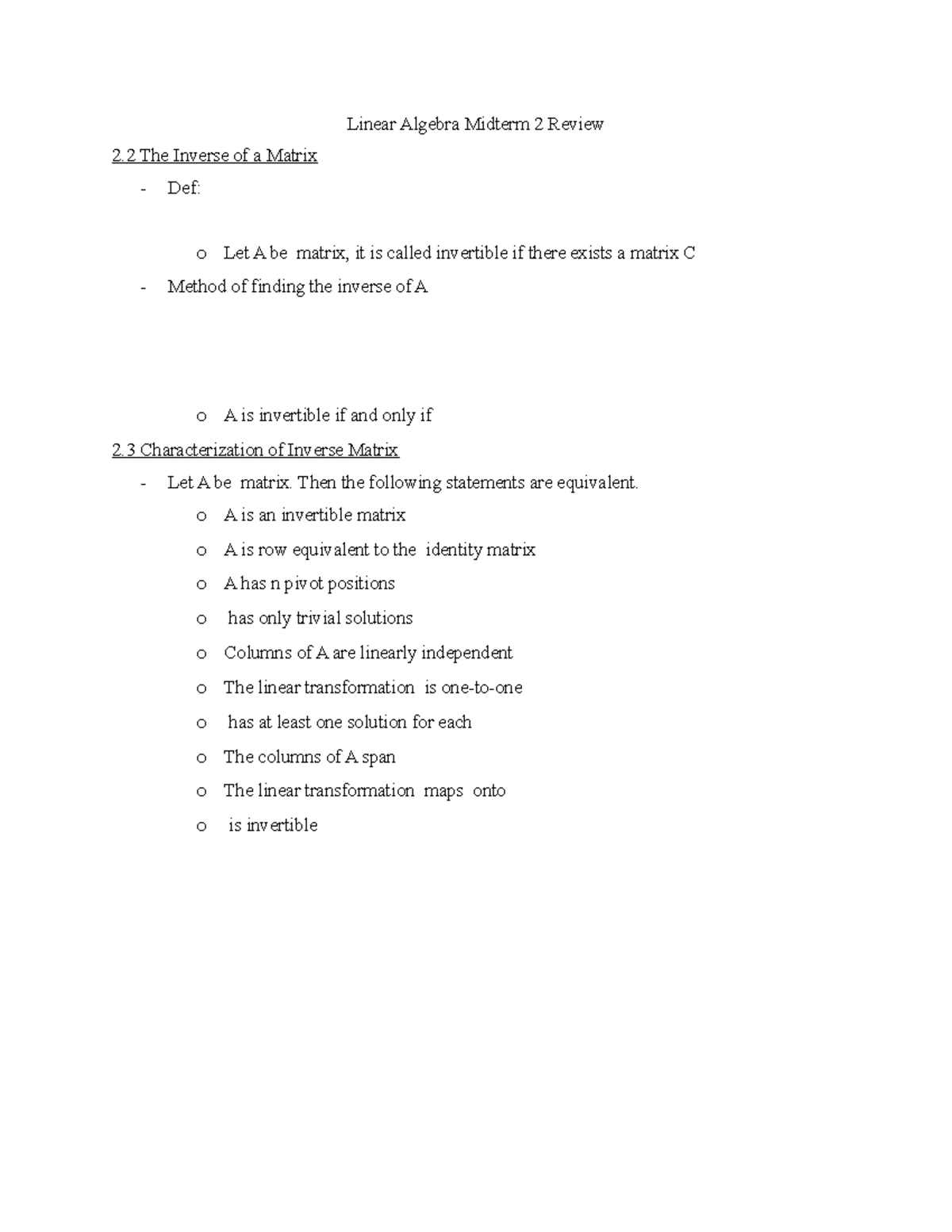 MATH 18 Midterm 2 Review - Linear Algebra Midterm 2 Review 2 The ...