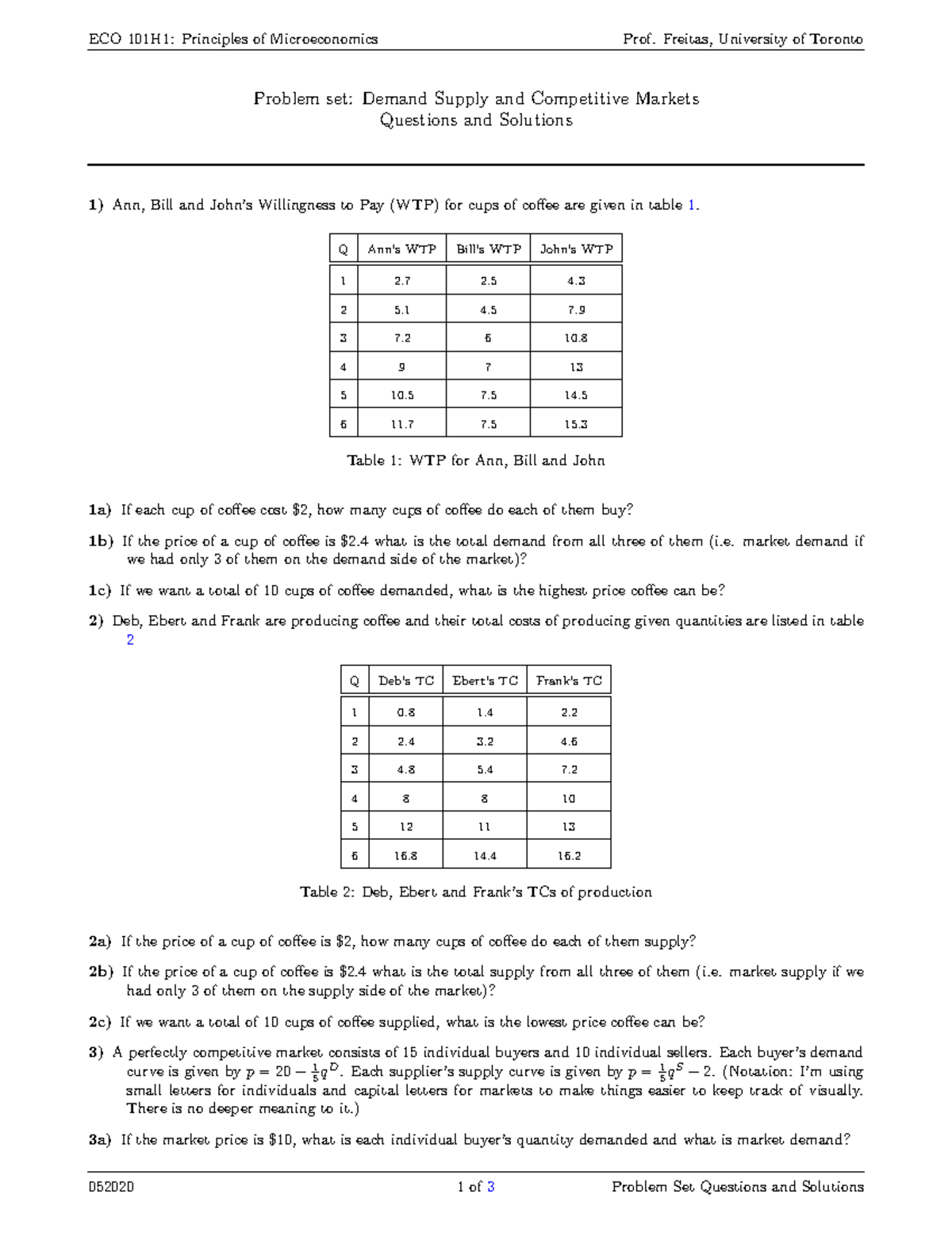 ECO101 Problem Set 3 Questions Demand Supply and Competitive Markets - ECO 101H1: Principles of ...