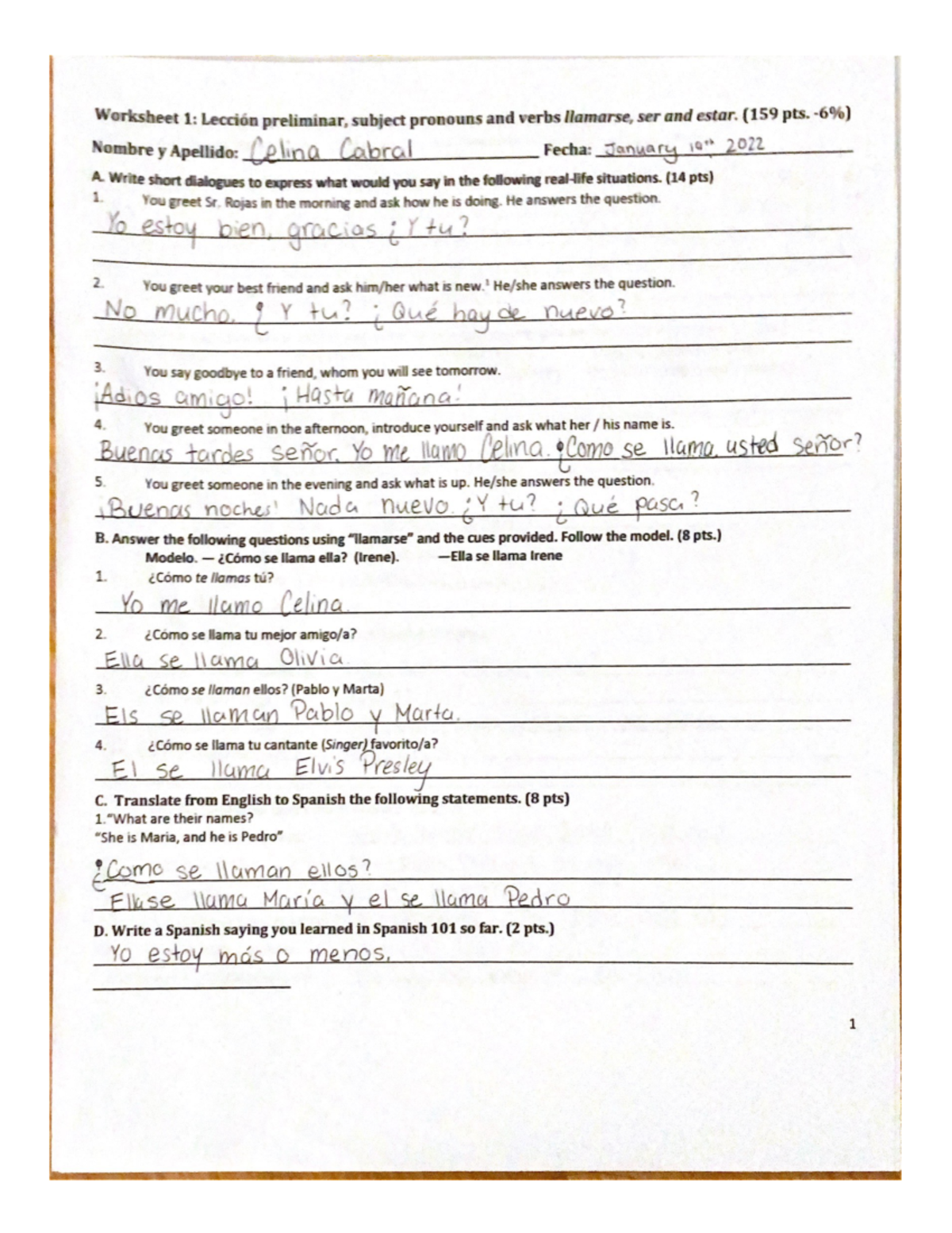 Worksheet 1 Lección preliminar, subject pronouns and verbs llamarse ...