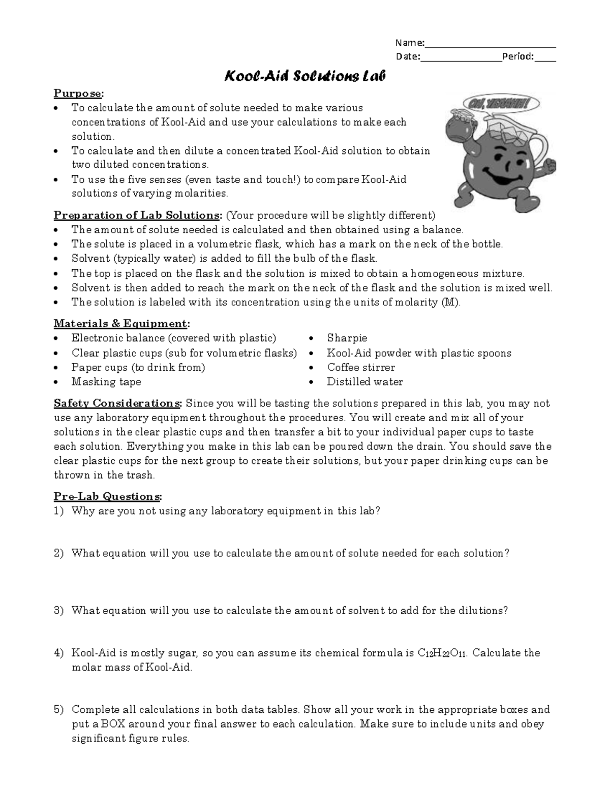 Kool-aid solutions lab - Date:___________Period: Kool-Aid Solutions Lab ...