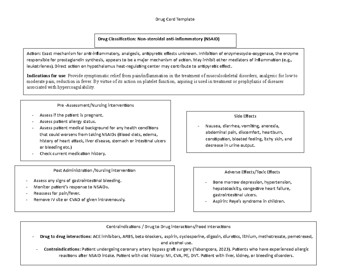 Drug Card Nsaid - drug card - Drug Card Template Drug Classification ...