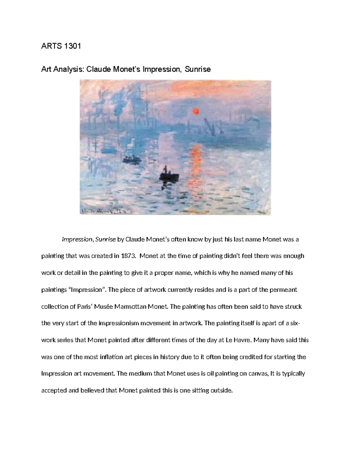 Art Creative Review Monet - ARTS 1301 Art Analysis: Claude Monet’s ...