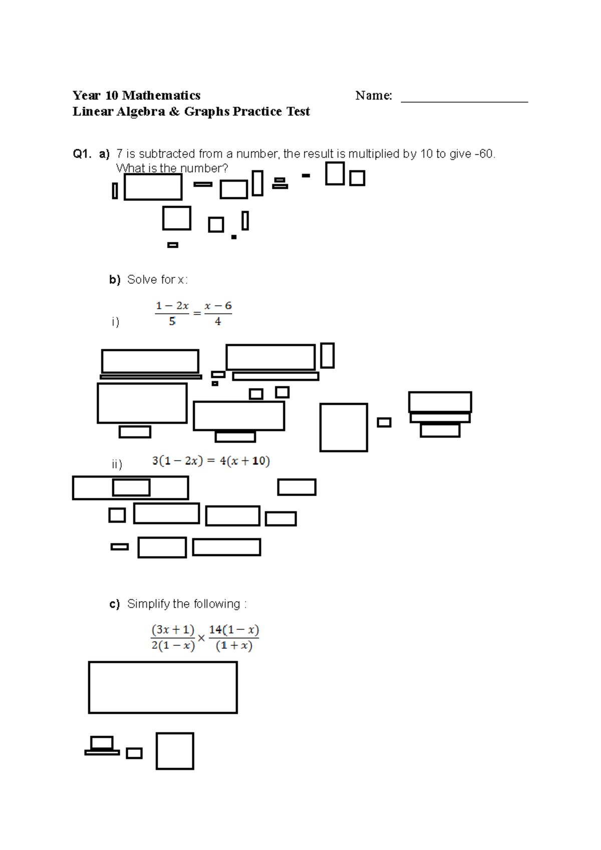 Algebra Practice Test (Repaired) - Year 10 Mathematics Name ...