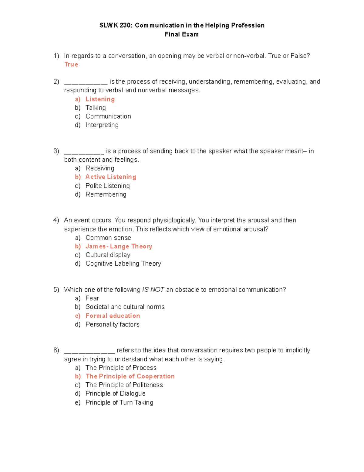 Copy of SLWK 230 Final Exam - SLWK 230: Communication in the Helping ...