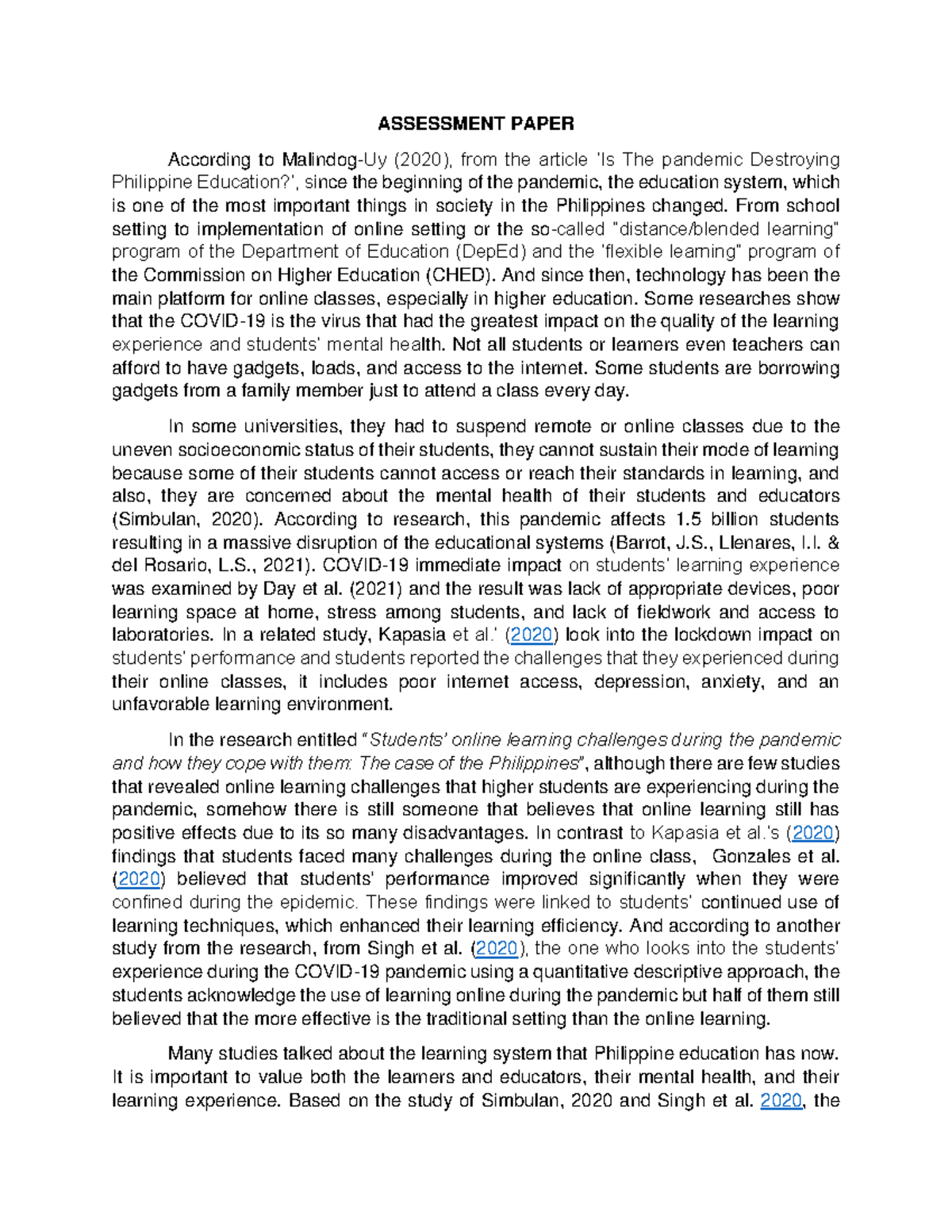 Assessment Paper - Educational purposes - ASSESSMENT PAPER According to ...