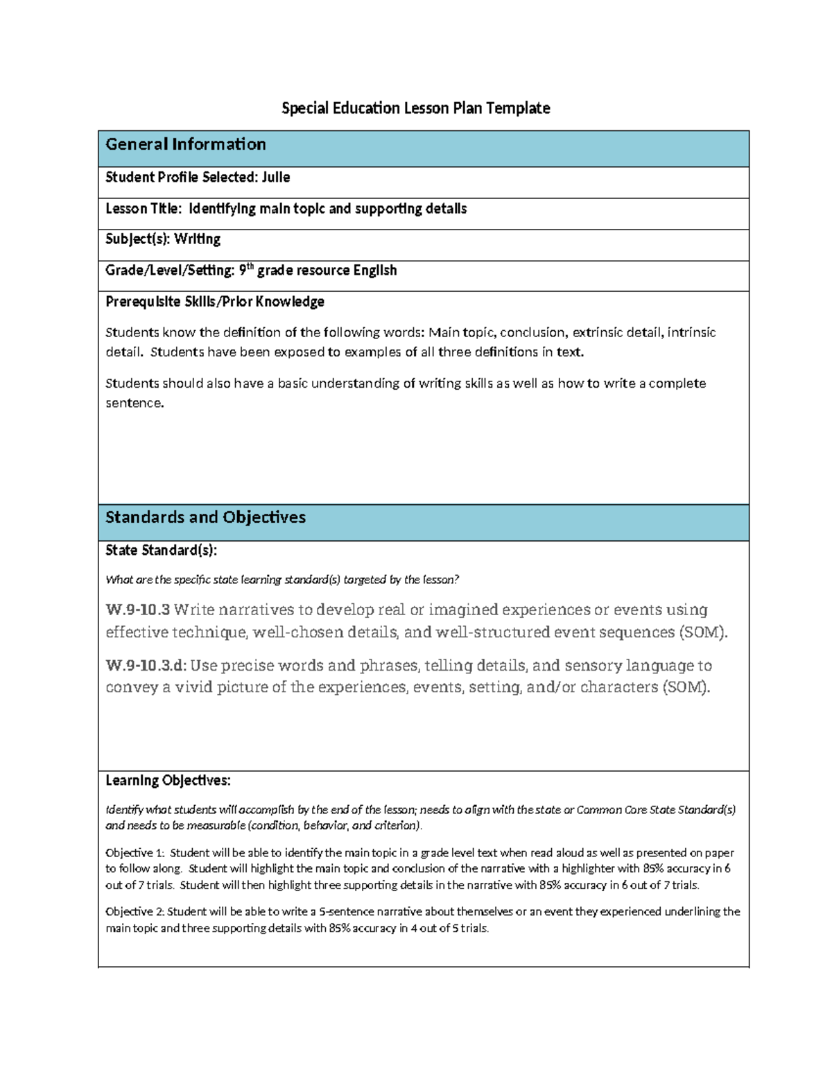 D232 Task 1 - Task 1 passed - Special Education Lesson Plan Template ...