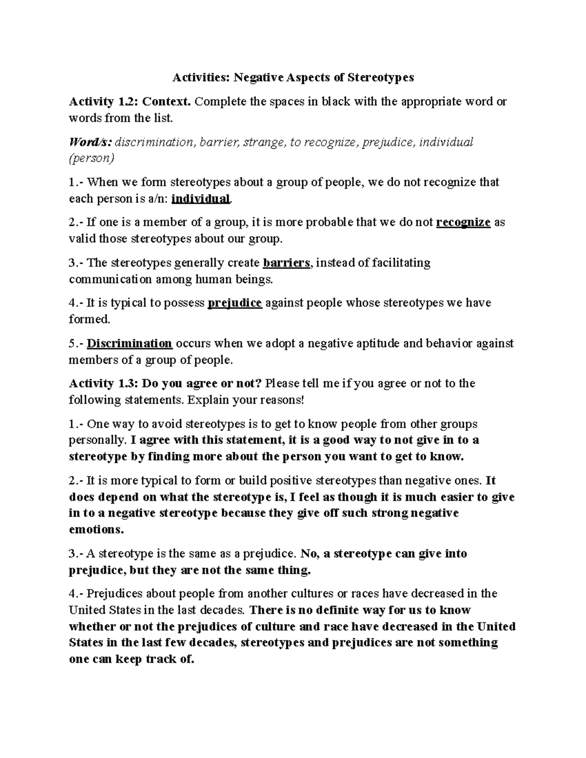 Negative Aspect of Stereotypes - Activities: Negative Aspects of ...