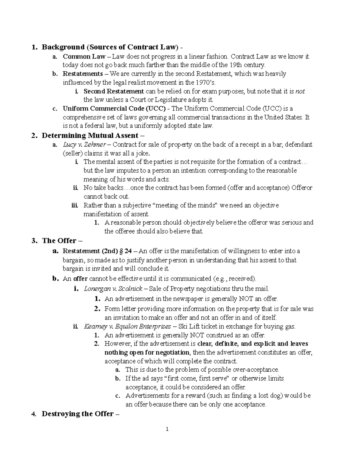 2022 Contracts Outline - 1. Background (Sources of Contract Law) - a ...