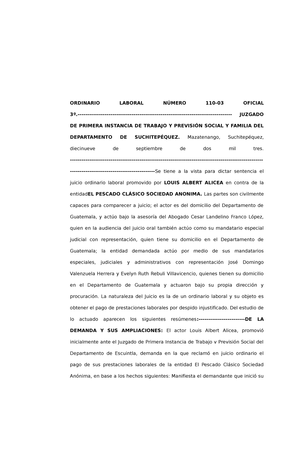 13 Sentencia Del Juicio Ordinario Laboral Ordinario Laboral NÚmero