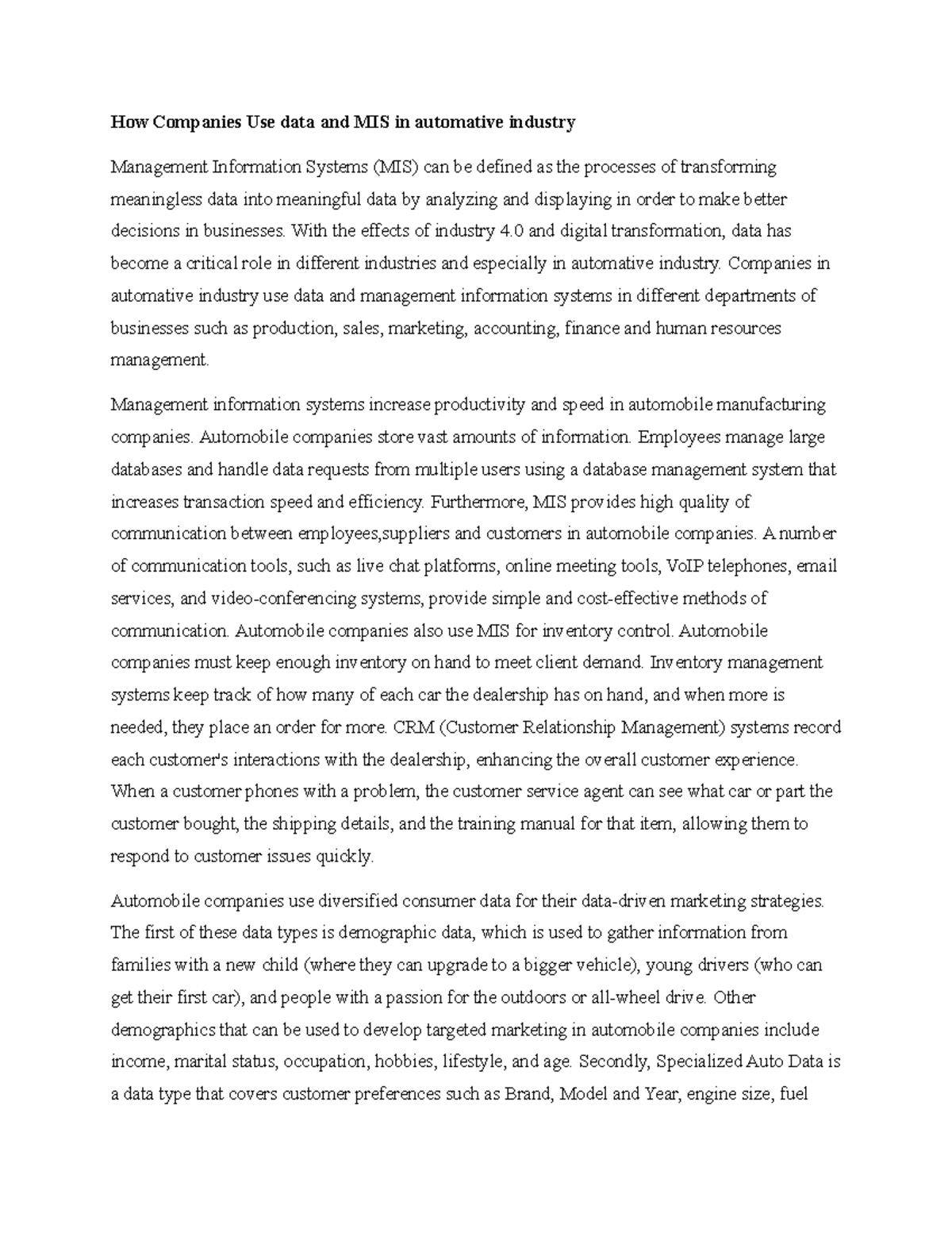 How Companies Use data and MIS in automative industry - With the ...