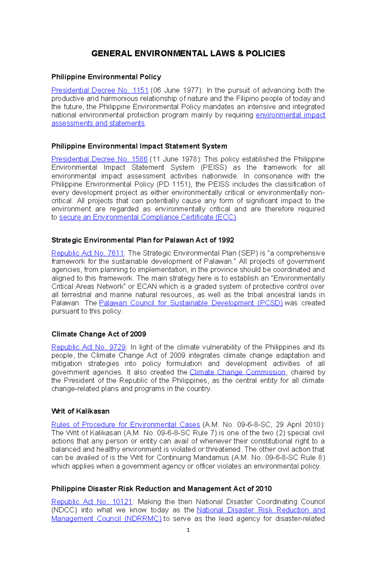 General- Environmental-LAWS - GENERAL ENVIRONMENTAL LAWS & POLICIES Philippine Environmental ...