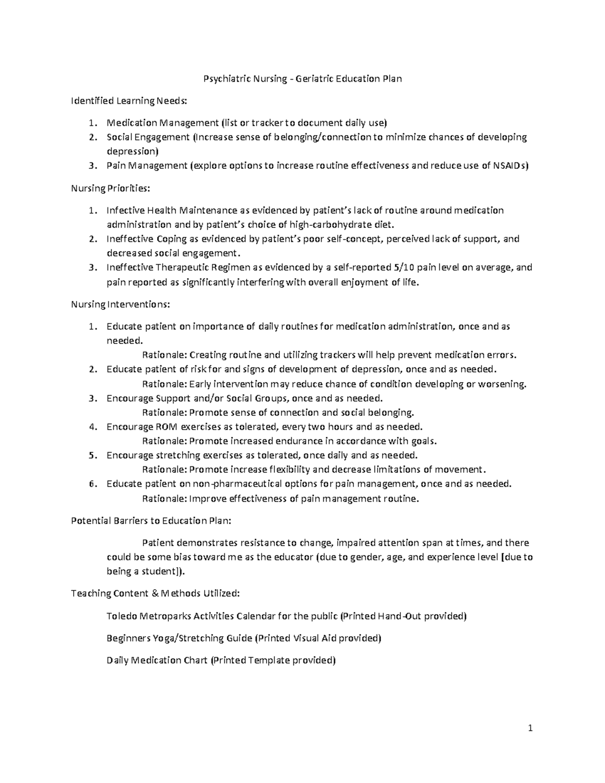 Geriatric Assessment Education Plan - 1 Psychiatric Nursing - Geriatric ...