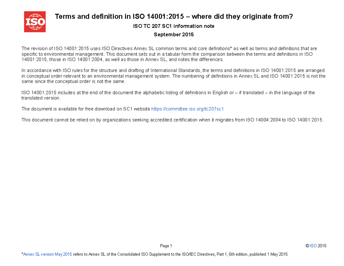 Terms and definitions in ISO 14001 2015 - ISO TC 207 SC1 information note September 2015 Page 1 ...