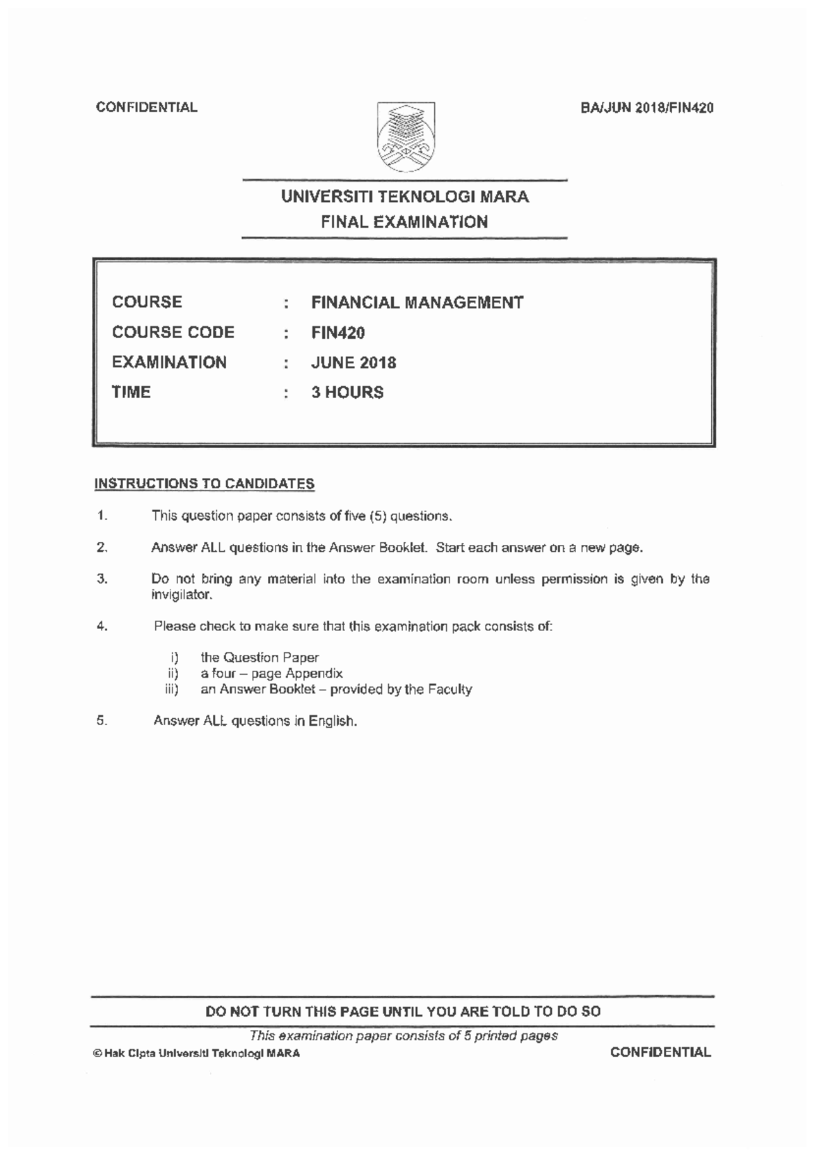 FIN420 JUNE 2018 - Financial Management FIN 420 June 2018 Question for ...