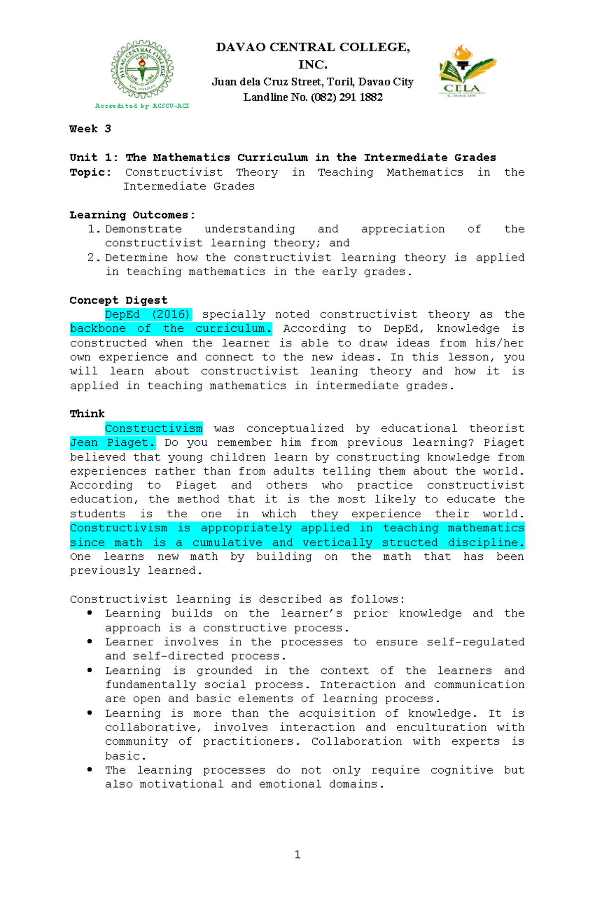 Week3 - None - Accredited by ACSCU-ACI DAVAO CENTRAL COLLEGE, INC. Juan ...