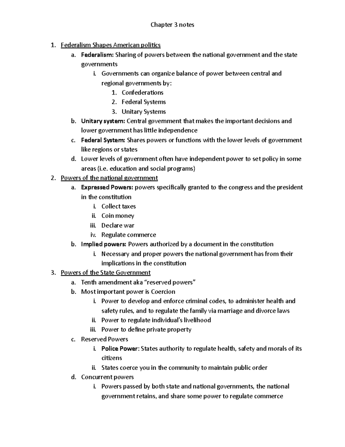 Government Lecture Notes - Chapter 3 notes 1. Federalism Shapes ...