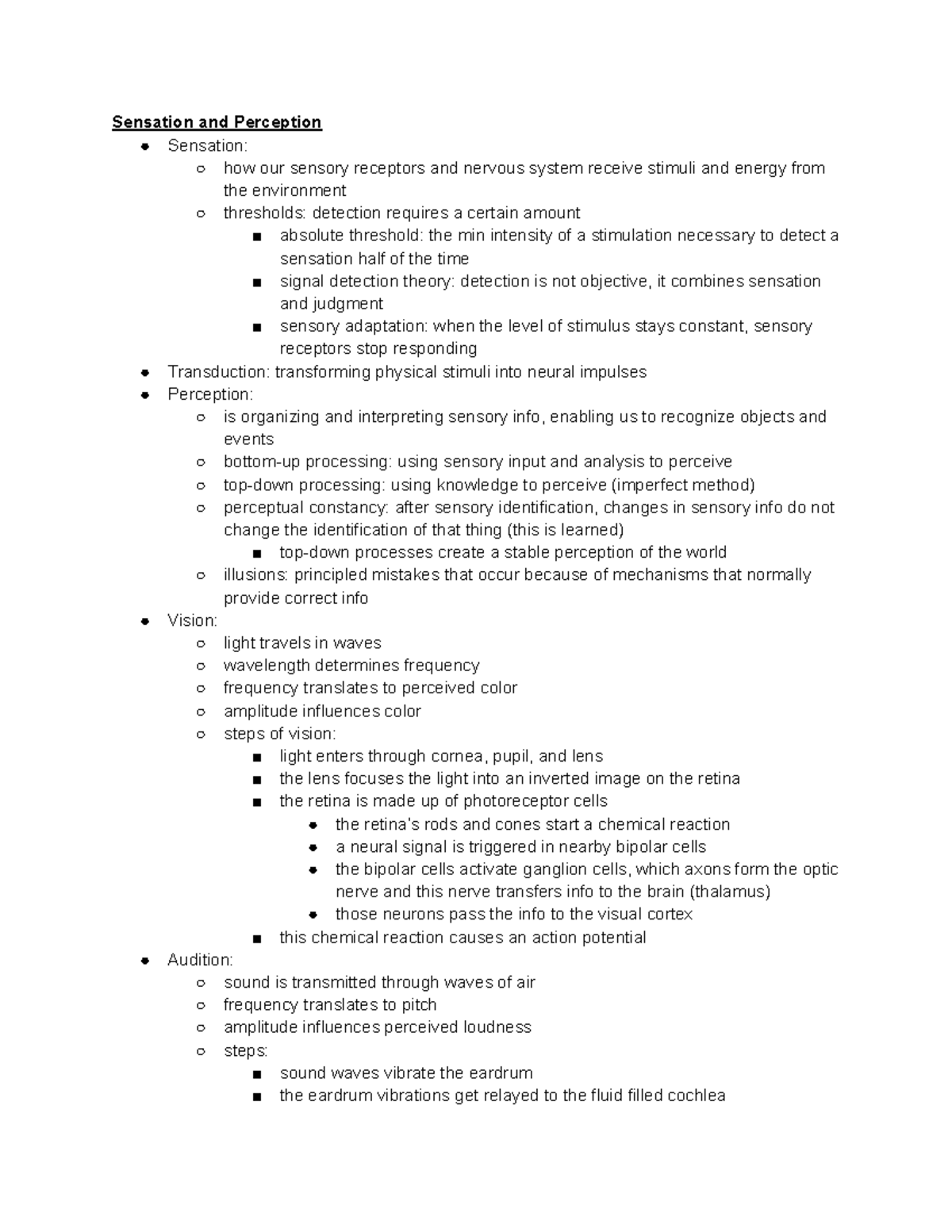 Psych 100B - JUN 16TH - Sensation and Perception Sensation: how our ...