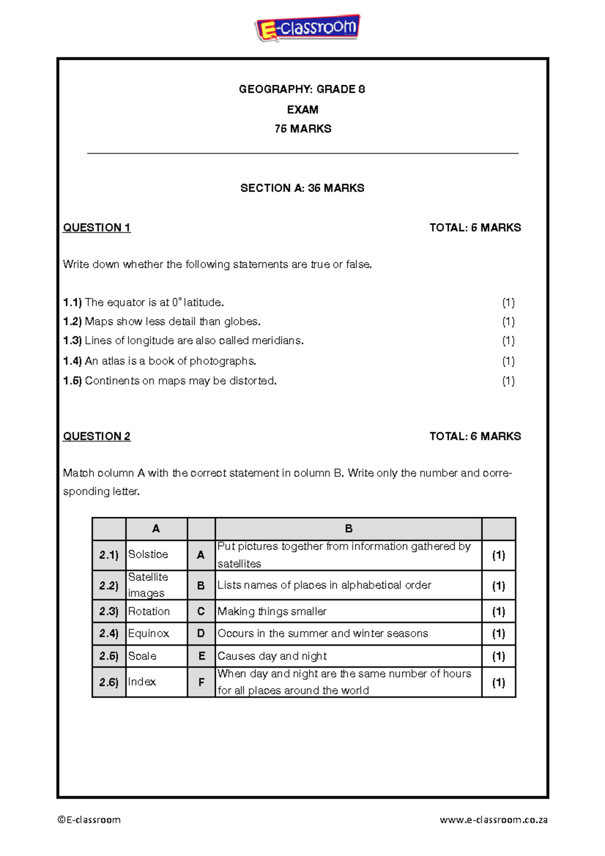 Gr08 geography term2 pack01 practice paper - GEOGRAPHY: GRADE 8 EXAM 75 ...
