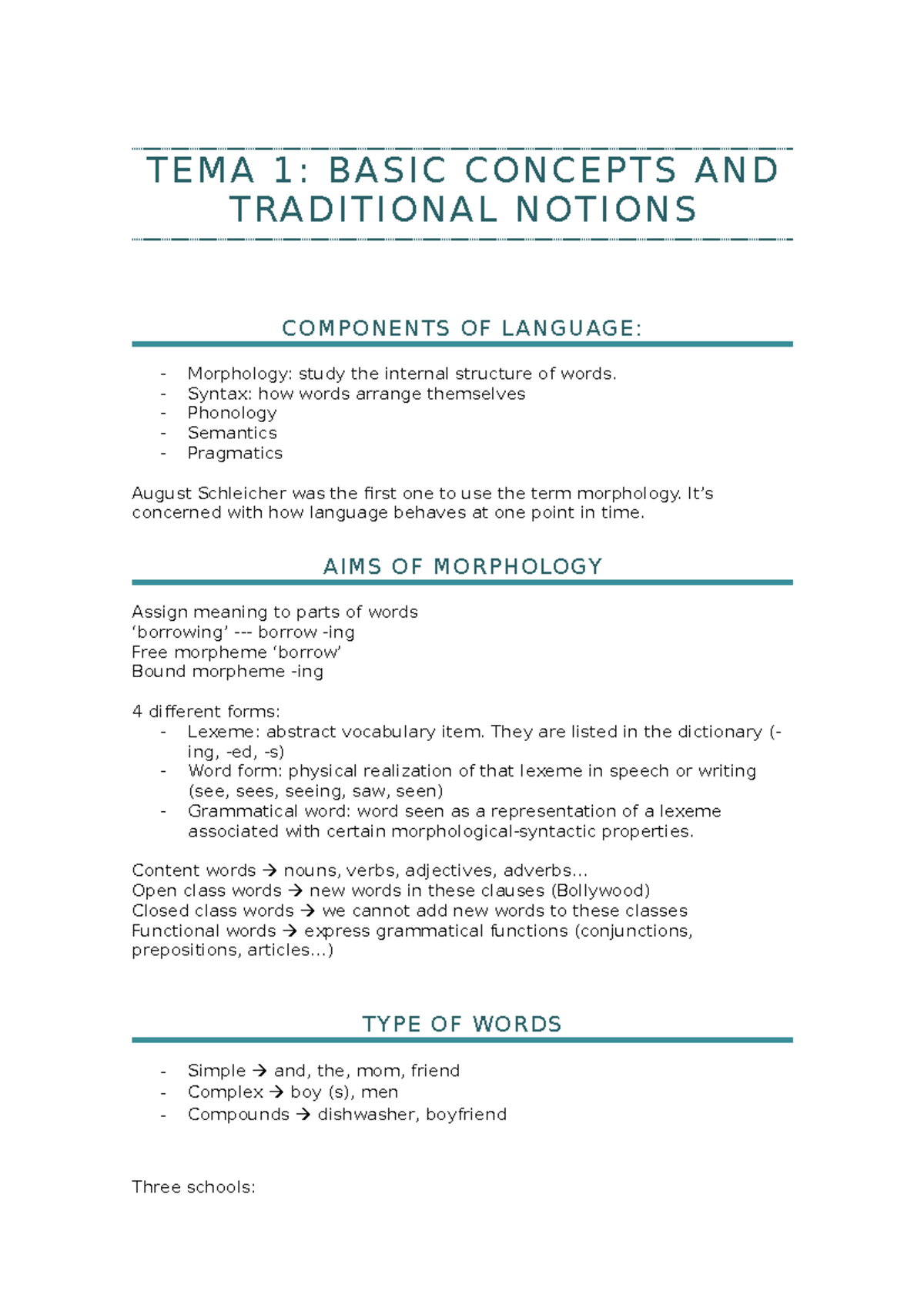 Resumen temas morfo - T E M A 1 : B A S I C C O N C E P T S A N D T RA D I T I O N A L N O T I O ...