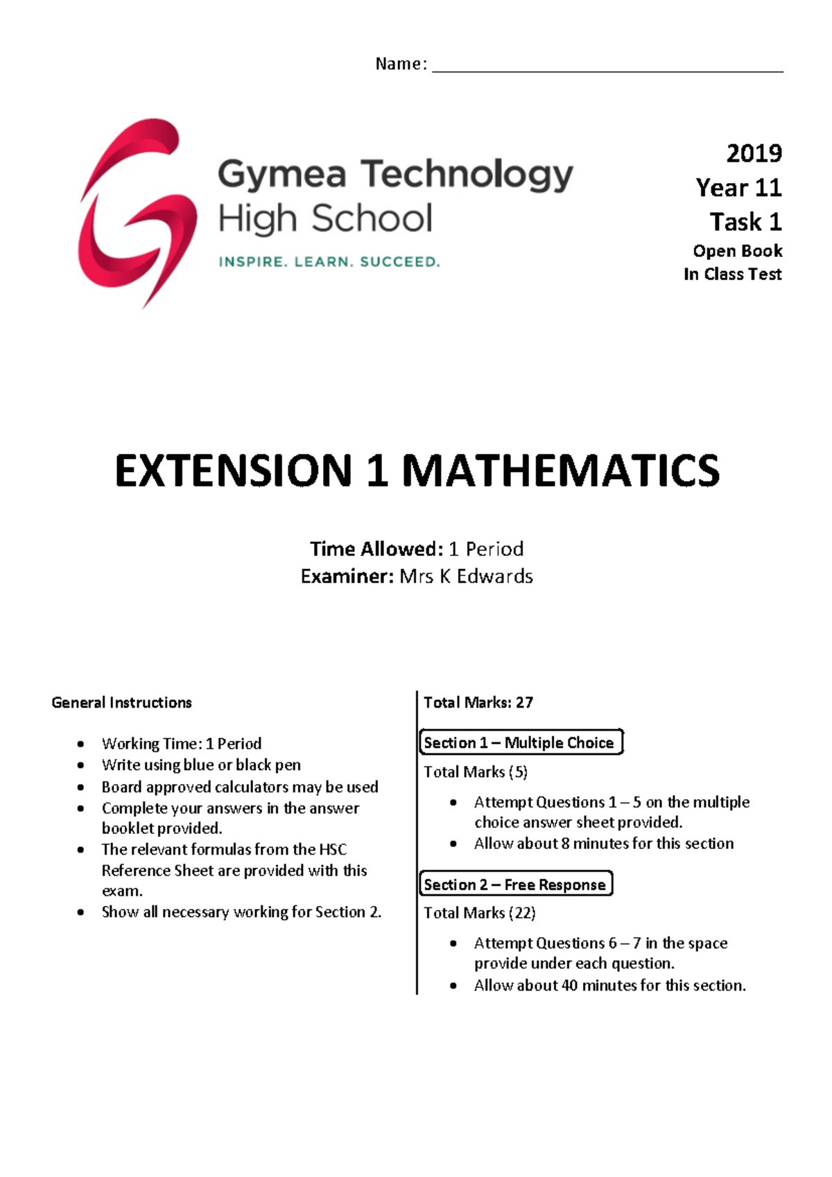 2019 Extension 1 Task 1 - Test - Name ...