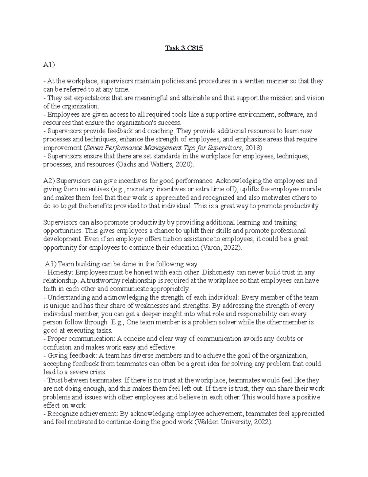 Task 3 C815 - Passed assignment - Task 3 C A1) At the workplace ...