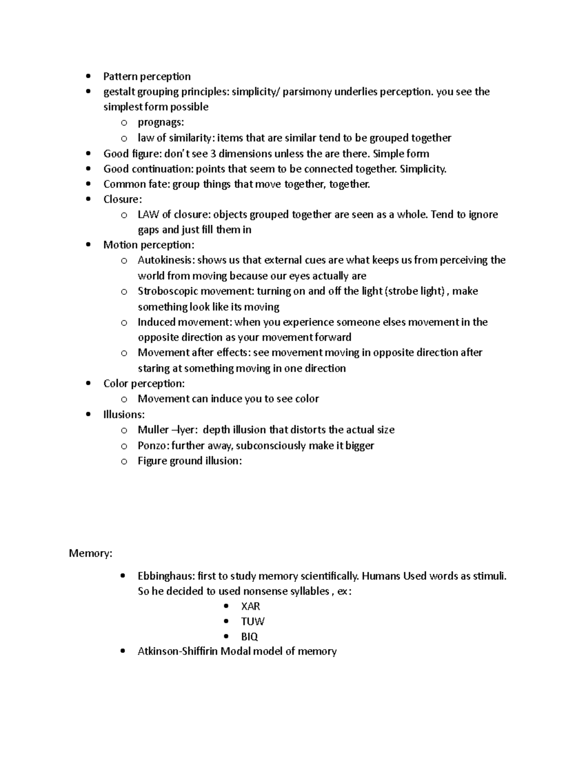 memory and perception notes - Pattern perception gestalt grouping ...