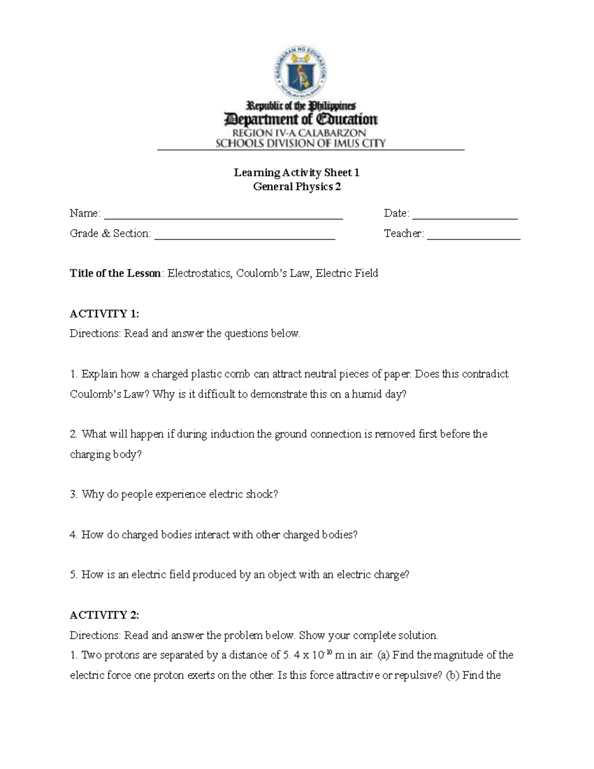 LAS1.GEN- Physics-2 - Learning Activity Sheet 1 General Physics 2 Name ...