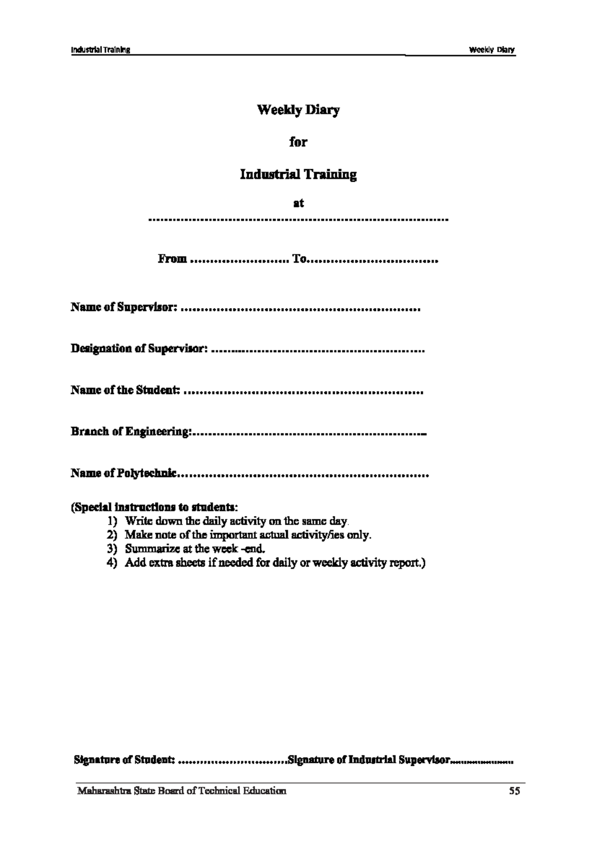 ITR Daily Diary - Industrial Training Weekly Diary Weekly Diary for ...
