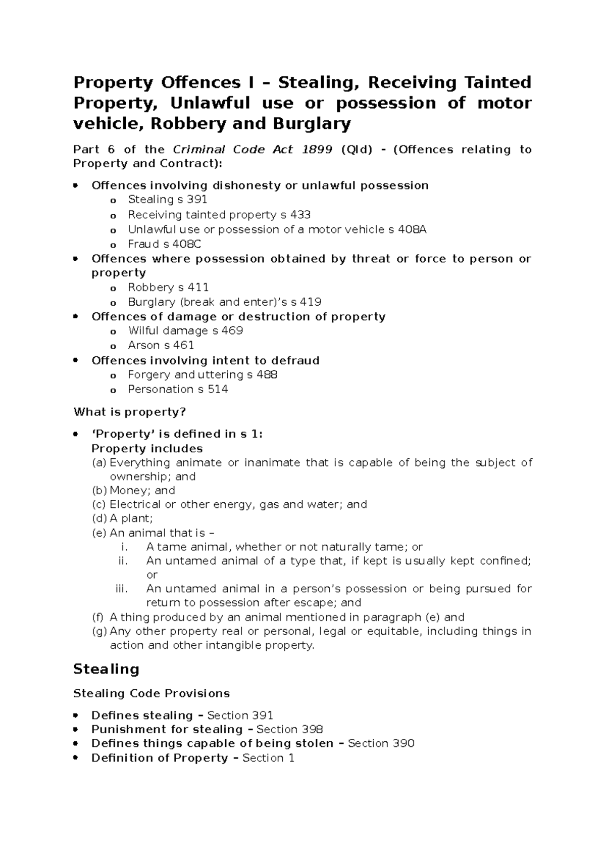 Week 7 and 8 (incomplete notes) - Property Offences I – Stealing ...