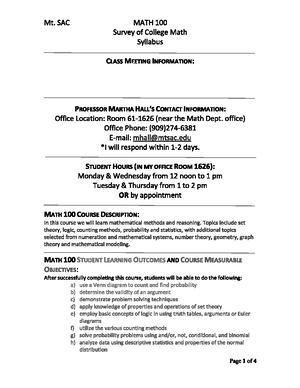Math 100 and Math 10A Syllabus - MATH 100 + MATH 10A SYLLABUS ON CAMPUS ...