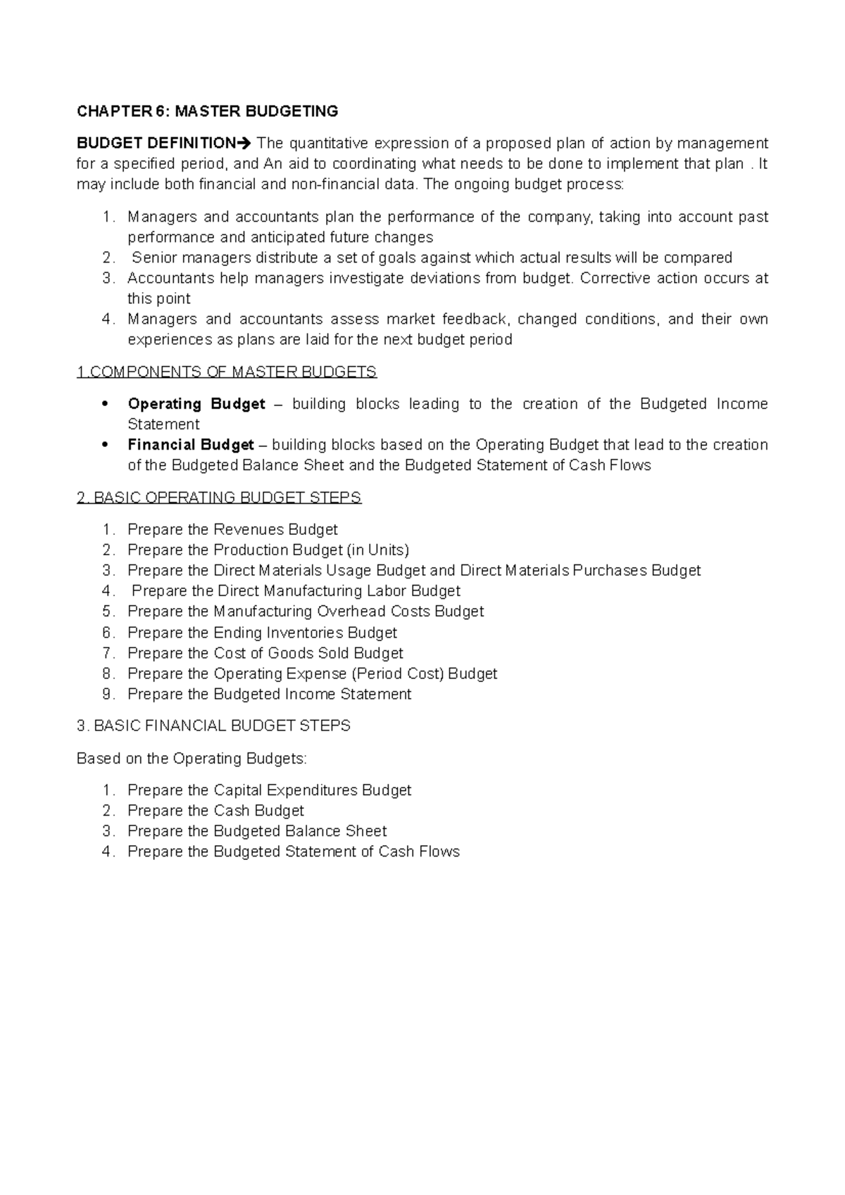 Chapter 6 - profesor paulo - CHAPTER 6: MASTER BUDGETING BUDGET ...