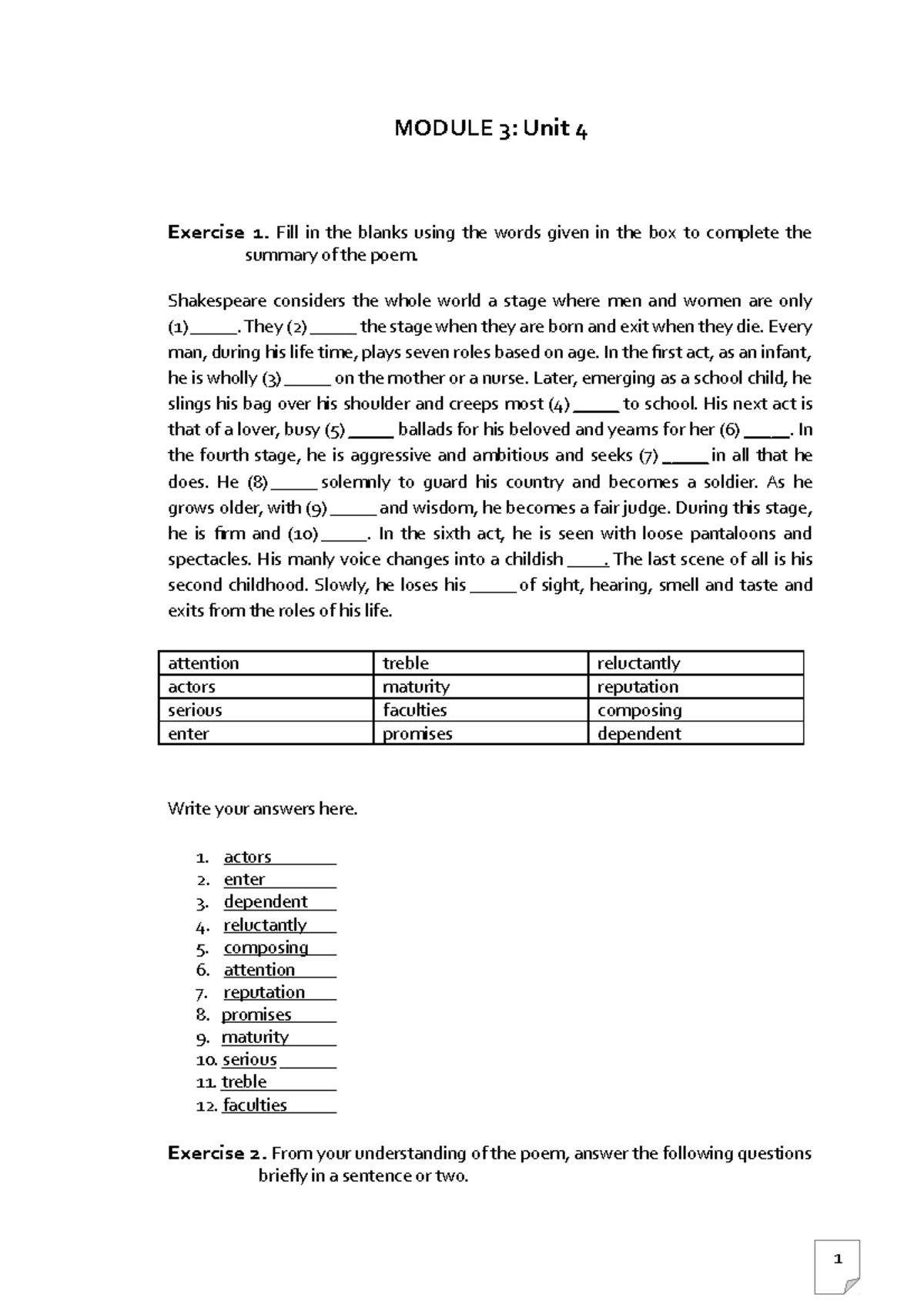 Literatures of the world topic 7 - MODULE 3: Unit 4 Exercise 1. Fill in the blanks using the ...