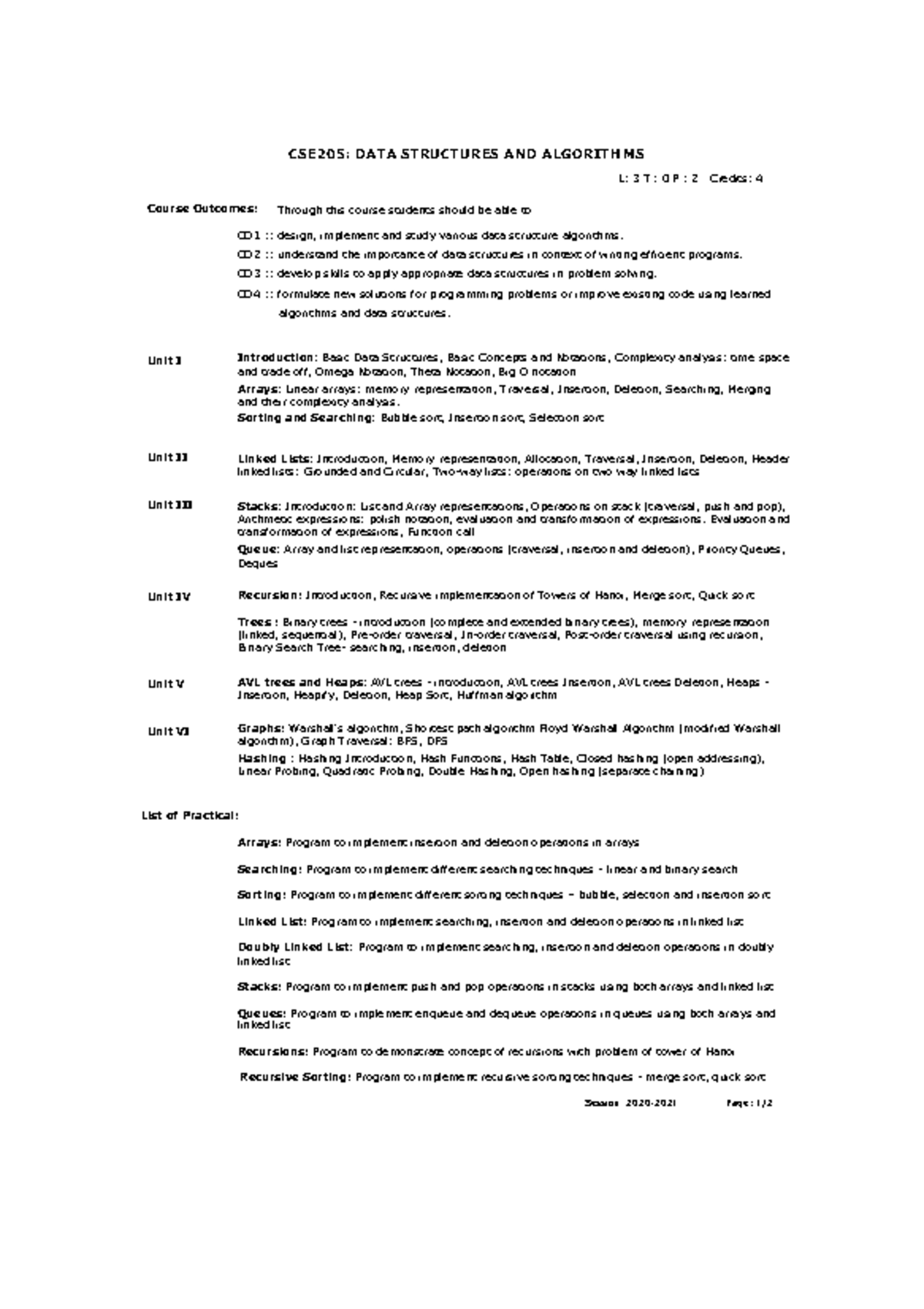CSE205 Syllabus - xyz - Session 2020- 2021 Page: 1/ CSE205: DATA STRUCTURES AND ALGORITHMS L: 3 ...