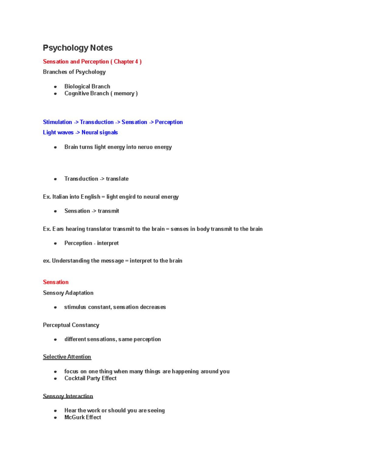 Psych Lecture Notes 6 - Psychology Notes Sensation and Perception ...