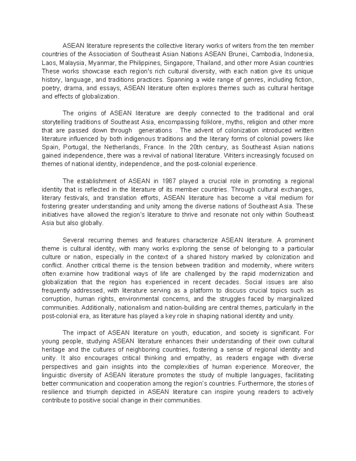 500 words essay - perspective on Asean literature - ASEAN literature ...