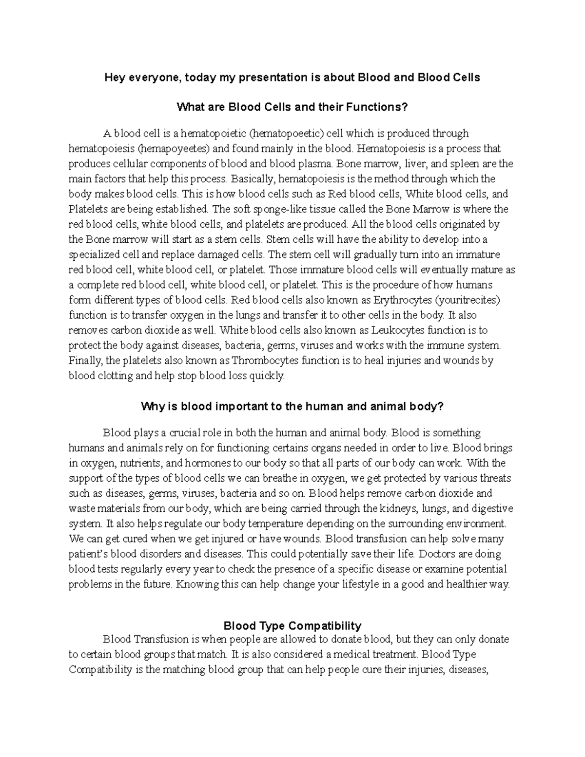 Copy of Blood and Blood Cells Presentation Script - Hey everyone, today ...