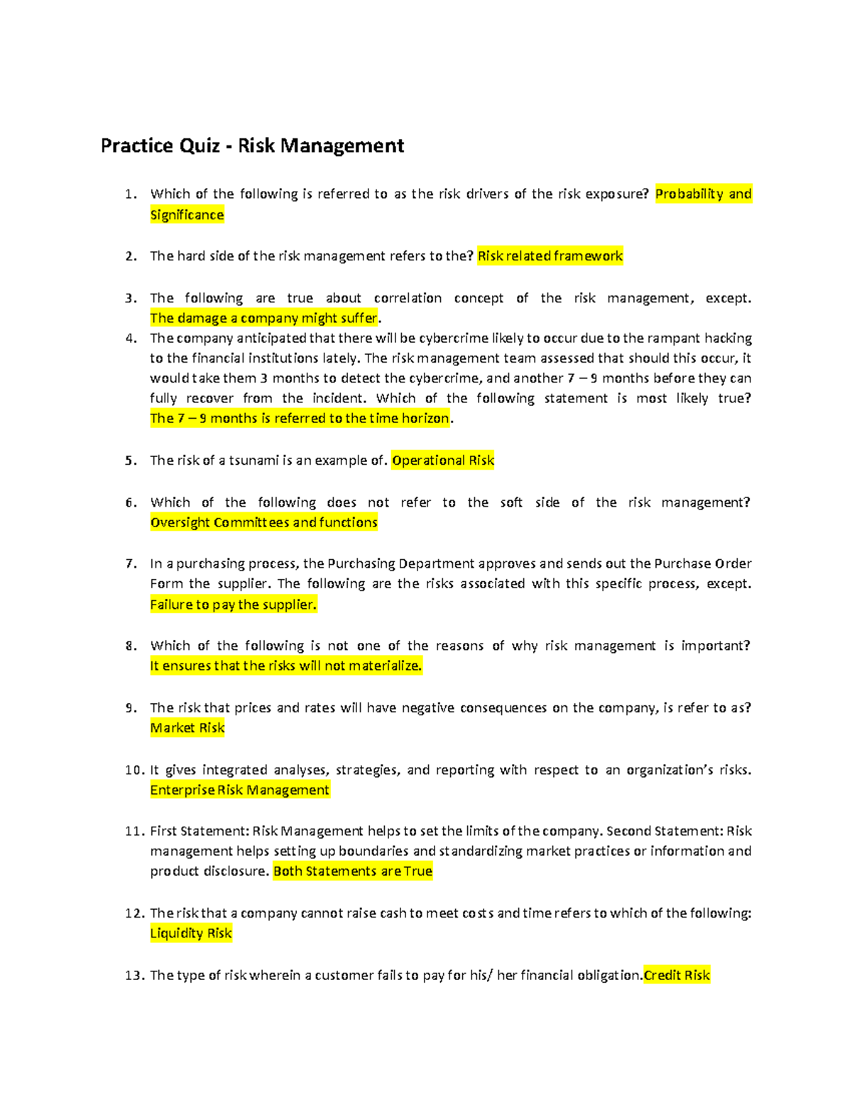 Risk Management theories - Practice Quiz - Risk Management Which of the ...