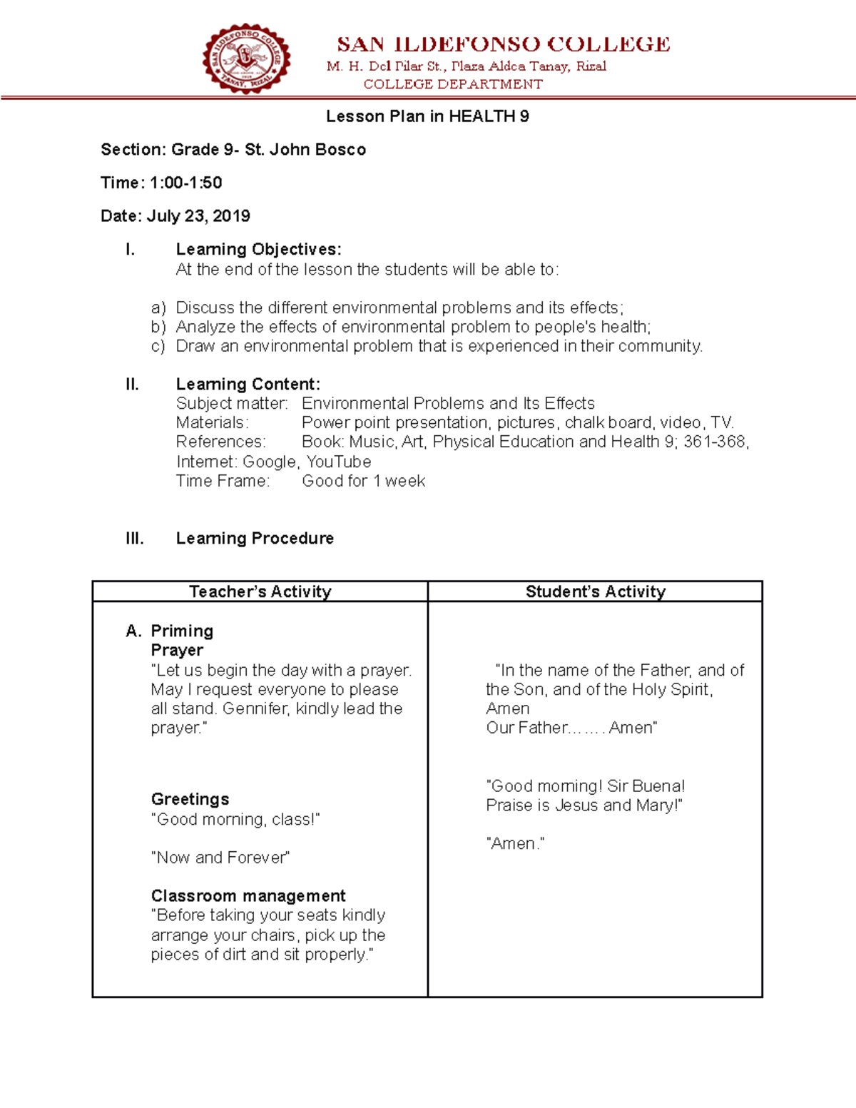 Lesson Plan in Mapeh 9 - for reference - Lesson Plan in HEALTH 9 ...