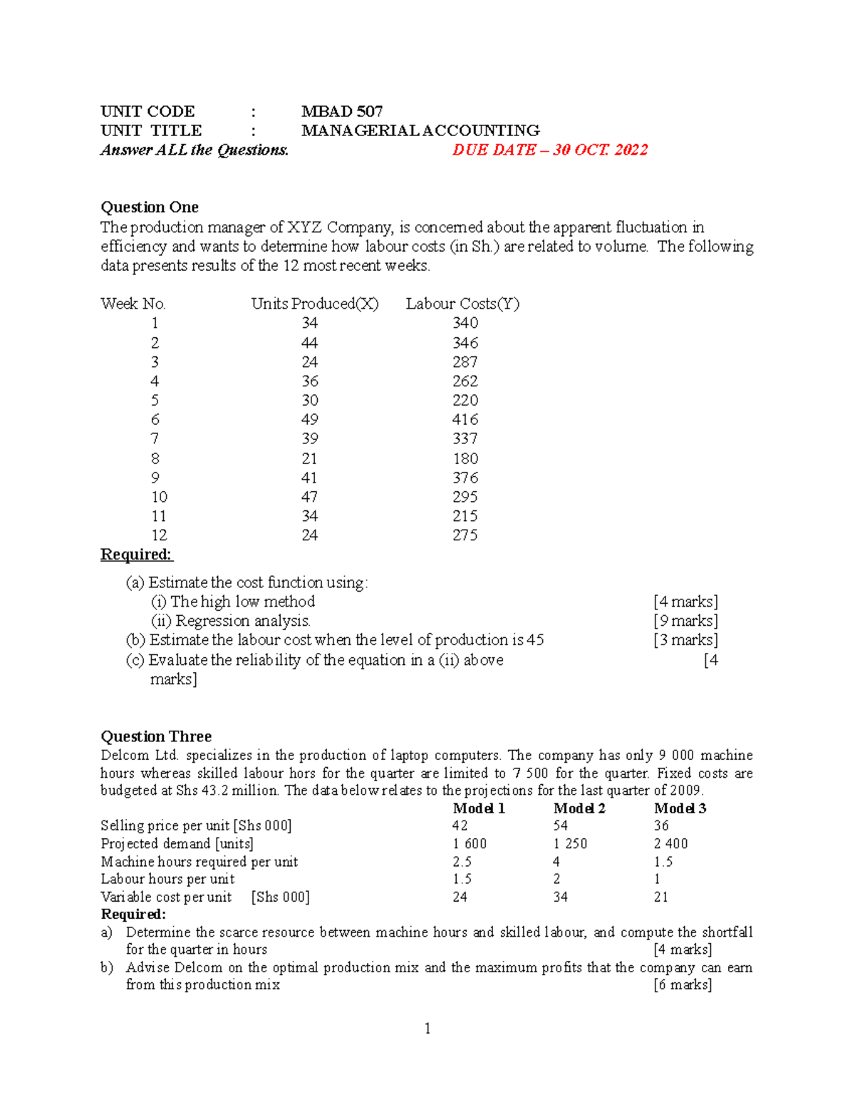 MBAD 507- Managerial Accounting Assignment - UNIT CODE : MBAD 507 UNIT ...