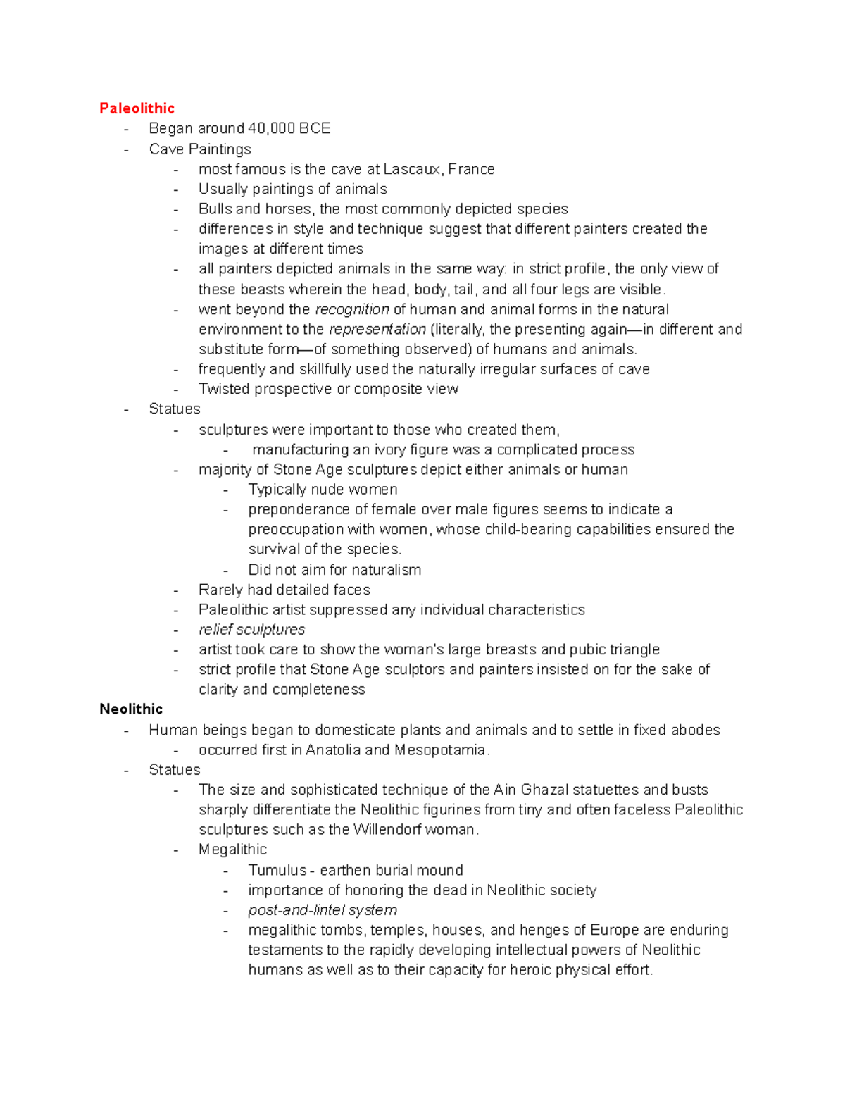 AAH Notes 1 - Paleolithic - Began around 40,000 BCE - Cave Paintings ...